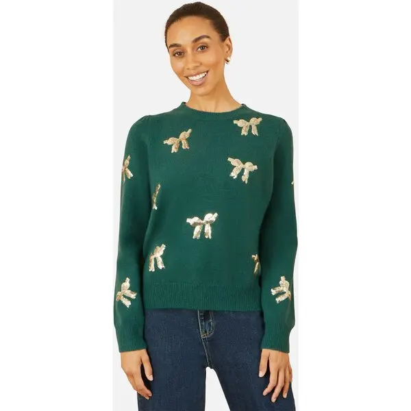 YUMI Sequin Applique Bow Sweater - Green
