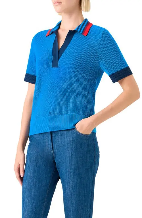 Akris Short Sleeve Virgin Wool Polo Sweater - Cobalt Blue-multi