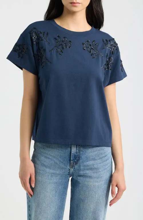 Rag & Bone Kelly Beaded Floral Boxy T-shirt - Navy Multi