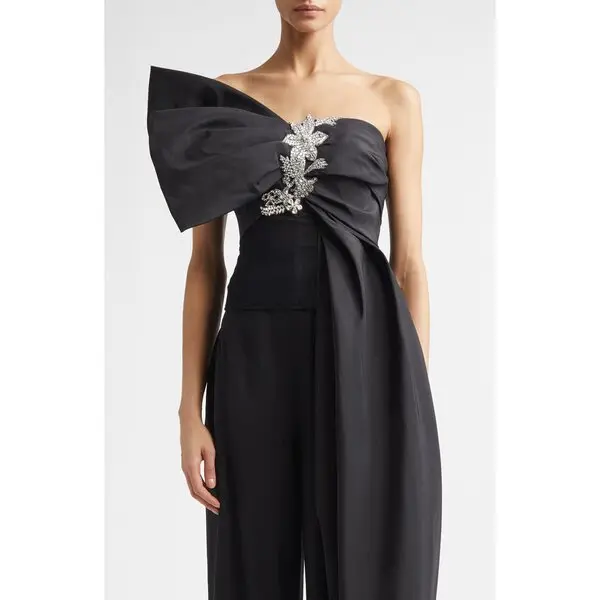 Oscar De La Renta Crystal Embroidered Bow Faille Bustier Top - Black