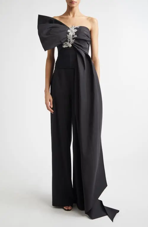 Oscar De La Renta Crystal Embroidered Bow Faille Bustier Top
