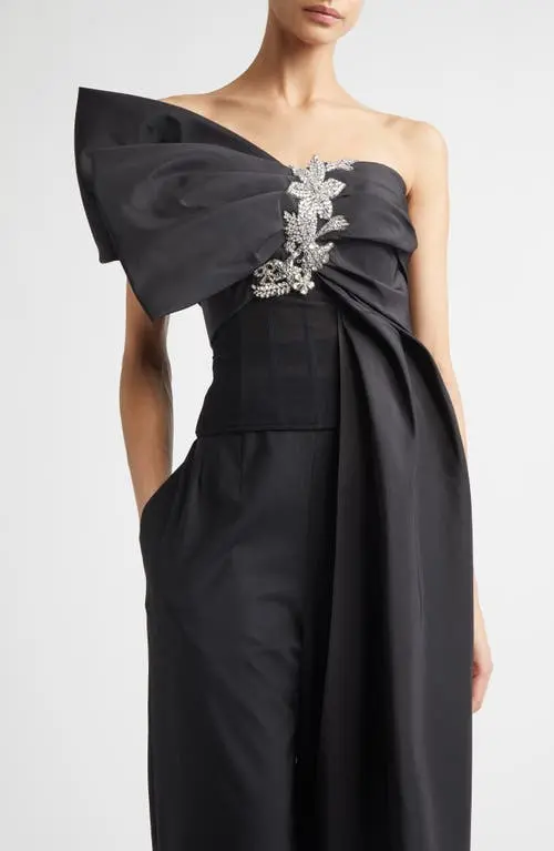 Oscar De La Renta Crystal Embroidered Bow Faille Bustier Top