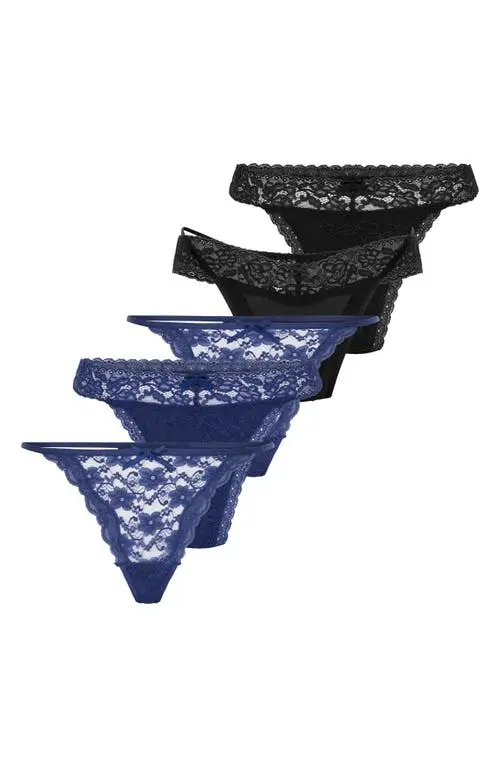 Hunkemoller 5-pack Assorted Fashion Mesh & Lace Thongs - Twilight Blue