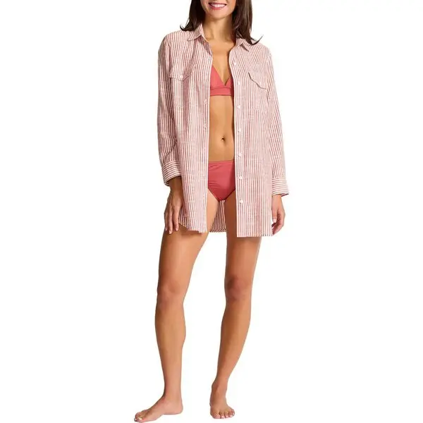 Tommy Bahama Shoreline Stripe Cotton Cover-up Shirtdress - Deep Sienna