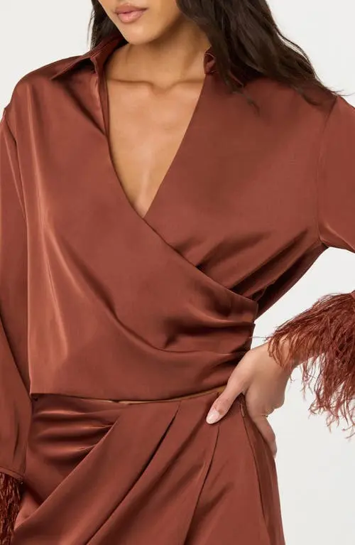 Astr The Label Catrina Feather Accent Surplice Satin Top