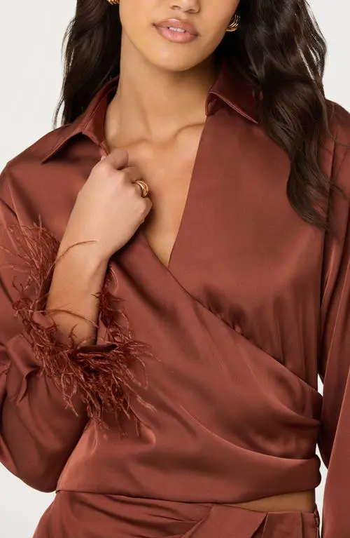 Astr The Label Catrina Feather Accent Surplice Satin Top