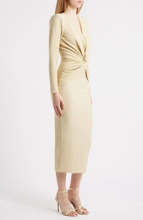 green emerald velvet dress Current Air Long Sleeve Twist Front Midi Dress Black/Gold M