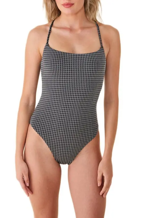 ANDIE Houndstooth Lace-up Back One-piece Swimsuit - Black Houndstooth