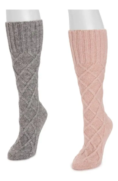 MUK LUKS Lattice-stitch Crew Socks Set Of Two - Pink-grey
