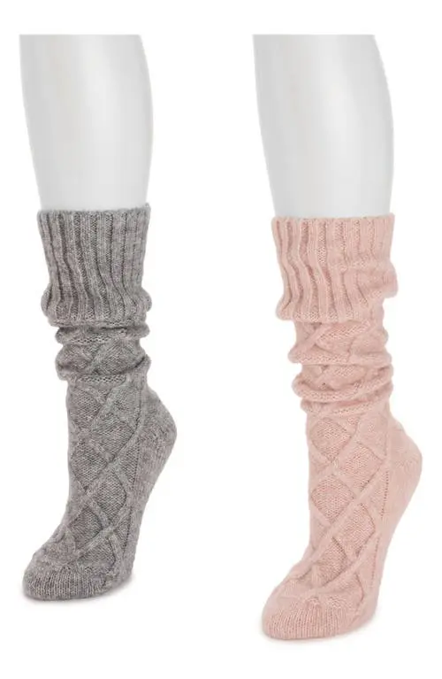 MUK LUKS Lattice-stitch Crew Socks Set Of Two - Pink-grey