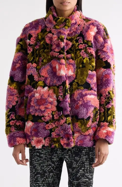 Dries Van Noten Floral Jacquard High Pile Fleece Jacket - Pink