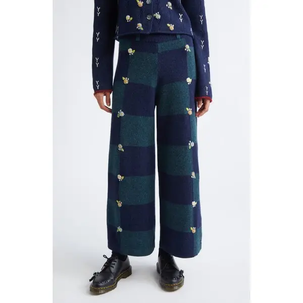 YANYAN Daisy Embroidered Checkerboard Lambswool Pants