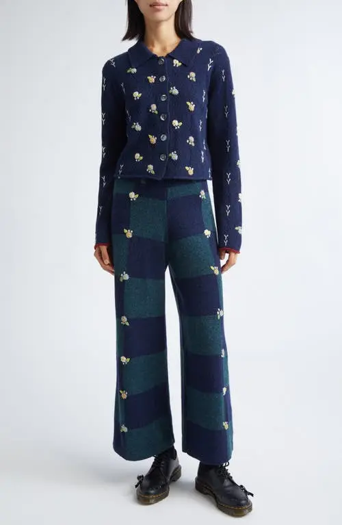 YANYAN Daisy Embroidered Checkerboard Lambswool Pants