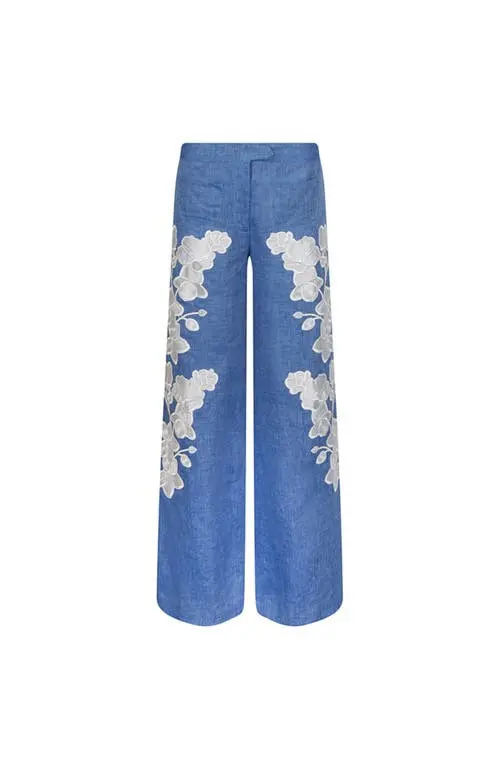 Anne Fontaine Wide Leg Linen Pants With Floral Embroidery