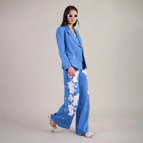 Anne Fontaine Wide Leg Linen Pants With Floral Embroidery
