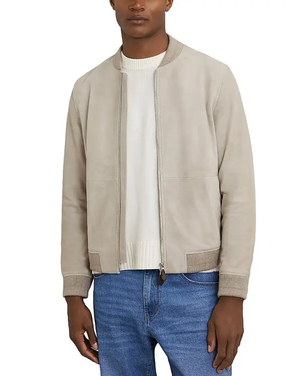 REISS Burnham Suede Bomber Jacket - Light Grey