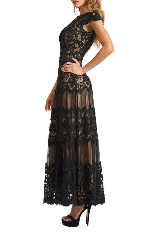 Tadashi Shoji Cap Sleeve Sequin & Lace Midi Dress
