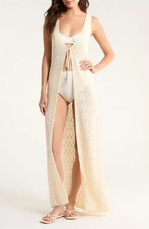 Elan Sleeveless Tie Front Pointelle Cover-up - Natural