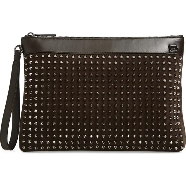 CHRISTIAN LOUBOUTIN Funky Spike Suede Wristlet - Cafe/gun Metal