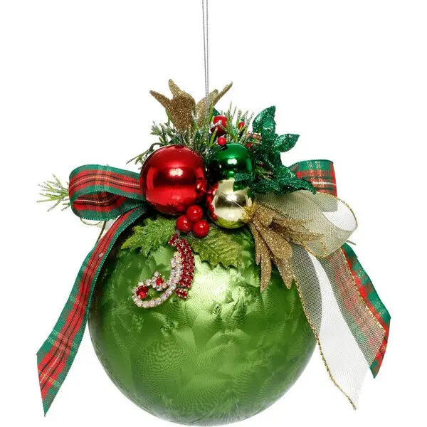 MARK ROBERTS Floral Jeweled Ball Ornament, Frosted - Frosted Dark Green