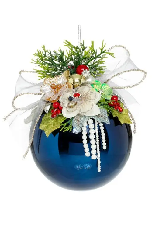 MARK ROBERTS Floral Jeweled Ball Ornament, Shiny - Shiny Dark Blue