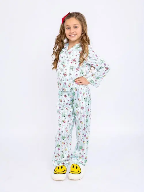 PREPPY GOOSE Christmas Emojis Satin Long Sleeve Pajama Pant Set - Mint