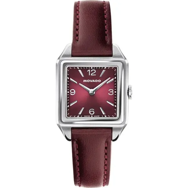Movado Heritage 1917 Leather Strap Square Watch - Red