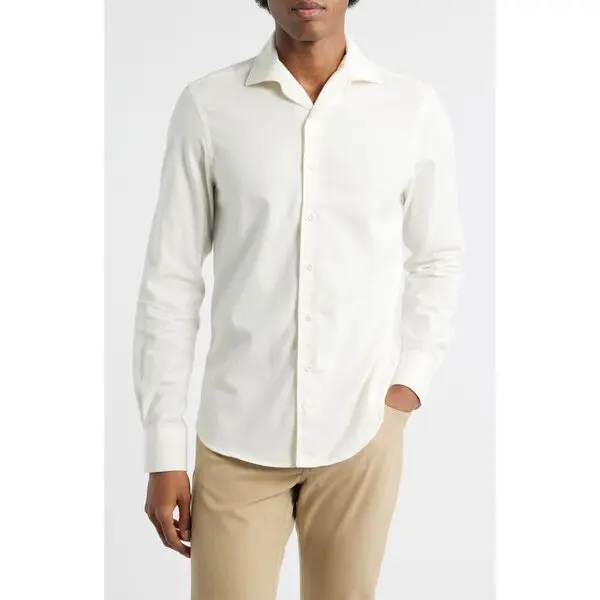 AURELIEN Slim Fit Camp Collar Cotton & Cashmere Flannel Button-up Shirt - Ivory