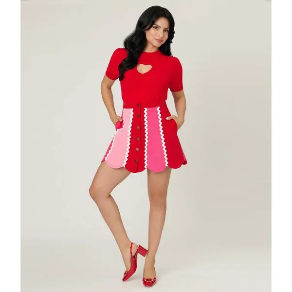 SMAK PARLOUR Scallop Hem Corduroy Mini Skirt - Red & Pink Stripe