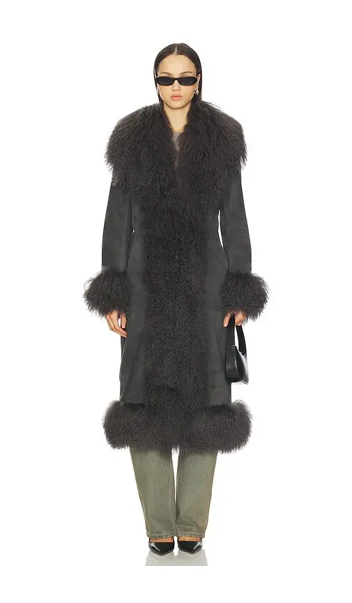 SUSANNA CHOW Dorothy Suede Maxi Coat With Fur Trim - Graphite