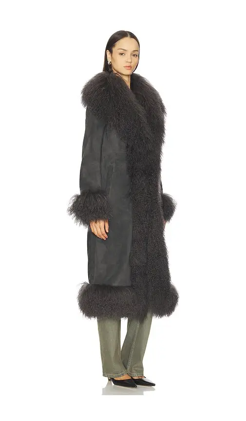 SUSANNA CHOW Dorothy Suede Maxi Coat With Fur Trim - Graphite