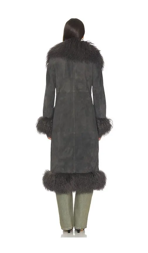 SUSANNA CHOW Dorothy Suede Maxi Coat With Fur Trim - Graphite
