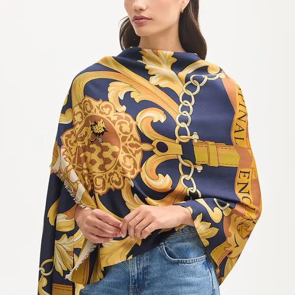 ASPINAL OF LONDON Merino & Silk Stole In Fig Signature Shield - Navy