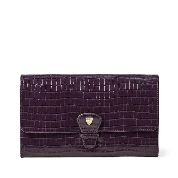 ASPINAL OF LONDON Classic Travel Wallet In Deep Shine Fig Small Croc - Purple