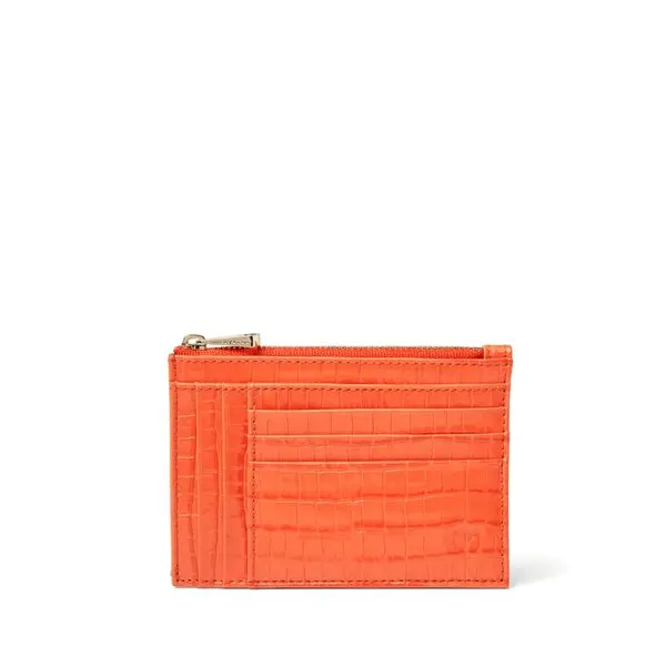 ASPINAL OF LONDON Double Sided Zipped Card & Coin Holder In Tangerine Small Croc - Orange
