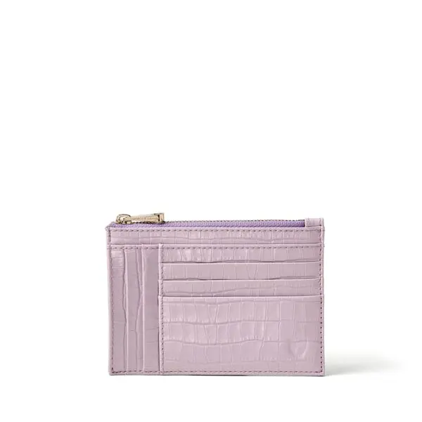 ASPINAL OF LONDON Double Sided Zipped Card & Coin Holder In Deep Shine English Lavender Small Croc - Purple