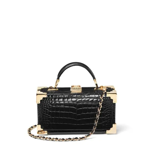ASPINAL OF LONDON Lion Trinket Box In Velvet & Deep Shine Croc - Black