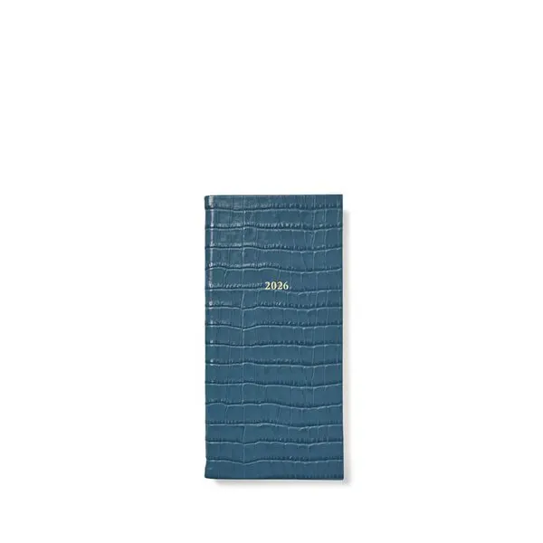 ASPINAL OF LONDON 2026 Slim Pocket Leather Diary In Deep Shine Pistachio Small Croc - Blue