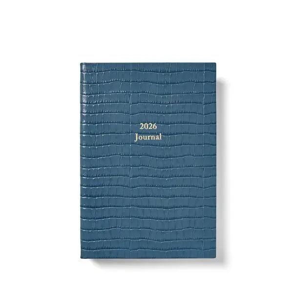 ASPINAL OF LONDON 2026 A5 Diary & Journal In Deep Shine Peacock Small Croc - Blue