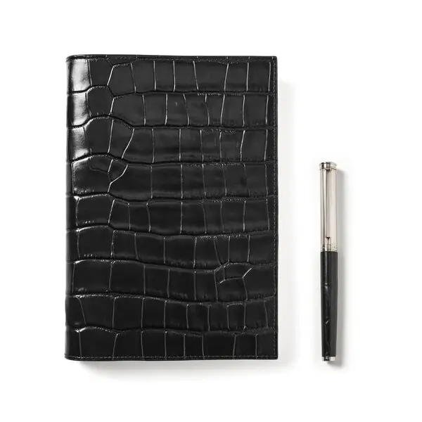 ASPINAL OF LONDON A5 Refillable Journal & Pen Set In Deep Shine Croc - Black