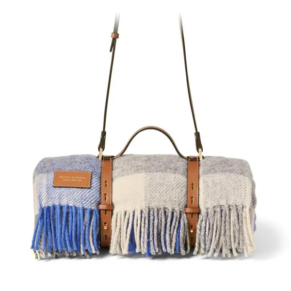 ASPINAL OF LONDON Pure New Wool Picnic Blanket With Leather Carrier - Blue/neutral/tan