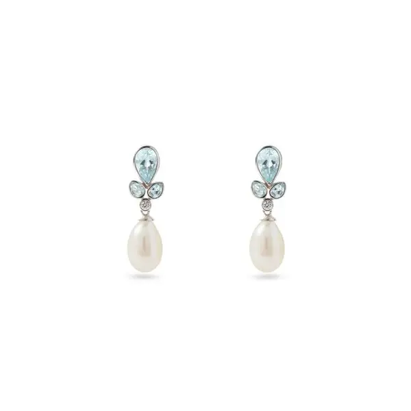 ASPINAL OF LONDON Floral Earrings With Aquamarine, Diamond & Pearl - Blue