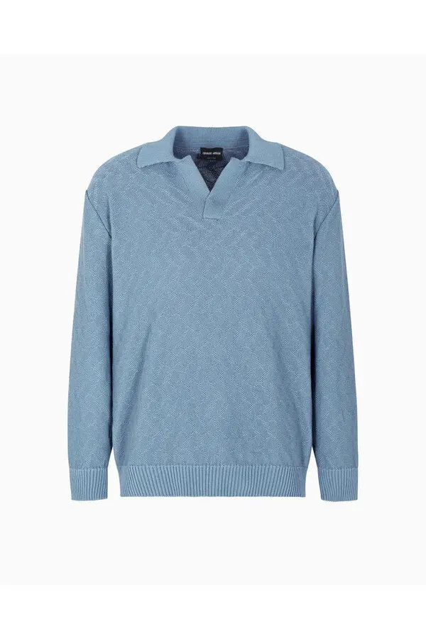 Giorgio Armani Cotton Jacquard Knitted Polo Shirt - Blue