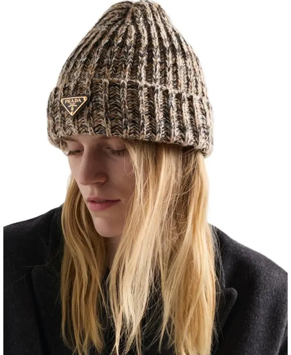 Prada Melange Knit Beanie - Brown