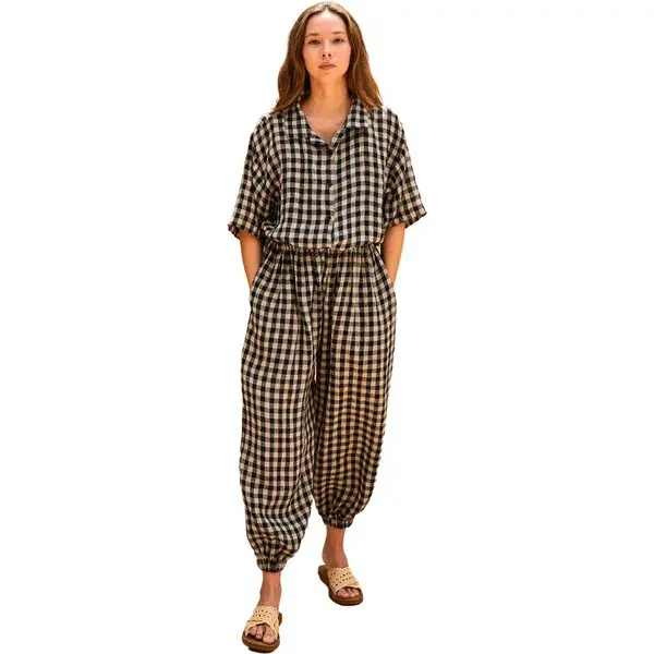 Pink Haley Vanessa Linen Gingham Balloon Pants - Black Gingham