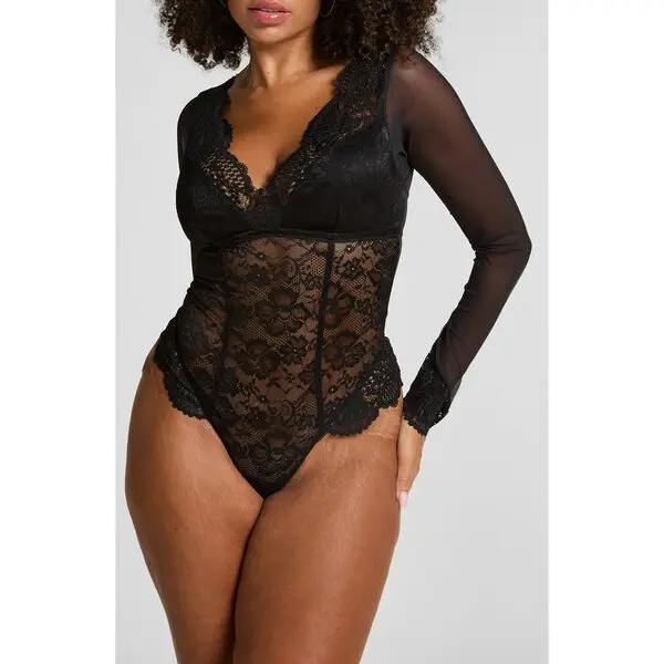 Hunkemoller Long Sleeve Mesh & Lace Teddy - Caviar