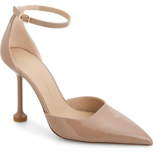 STUART WEITZMAN Stiletto Heel Pump With Ankle Strap - Fawn Patent