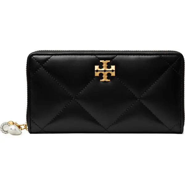 Tory Burch Kira Diamond Quilted Charm Zip Around Continental Wallet - Black