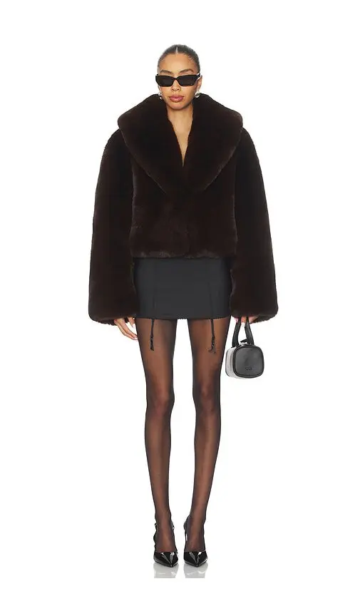 Nbd Brooklyn Cropped Faux Fur Jacket With Shawl Collar - Brown