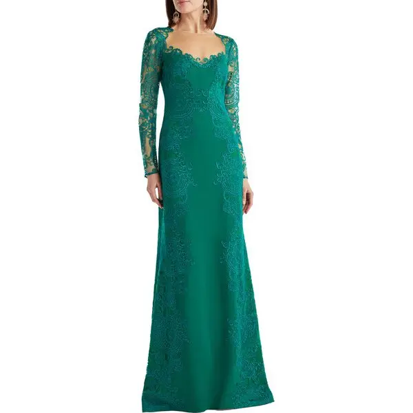 Tadashi Shoji Embroidered Lace Long Sleeve Crepe Gown - Emerald